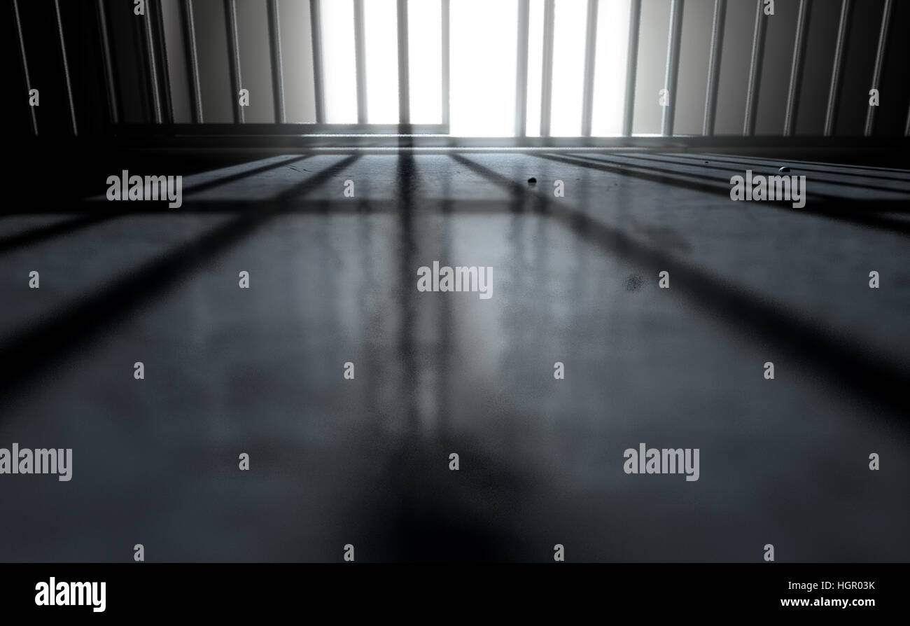 A 3D render of a closeup of view of a jail cells iron bars with an open door casting shadows on ...