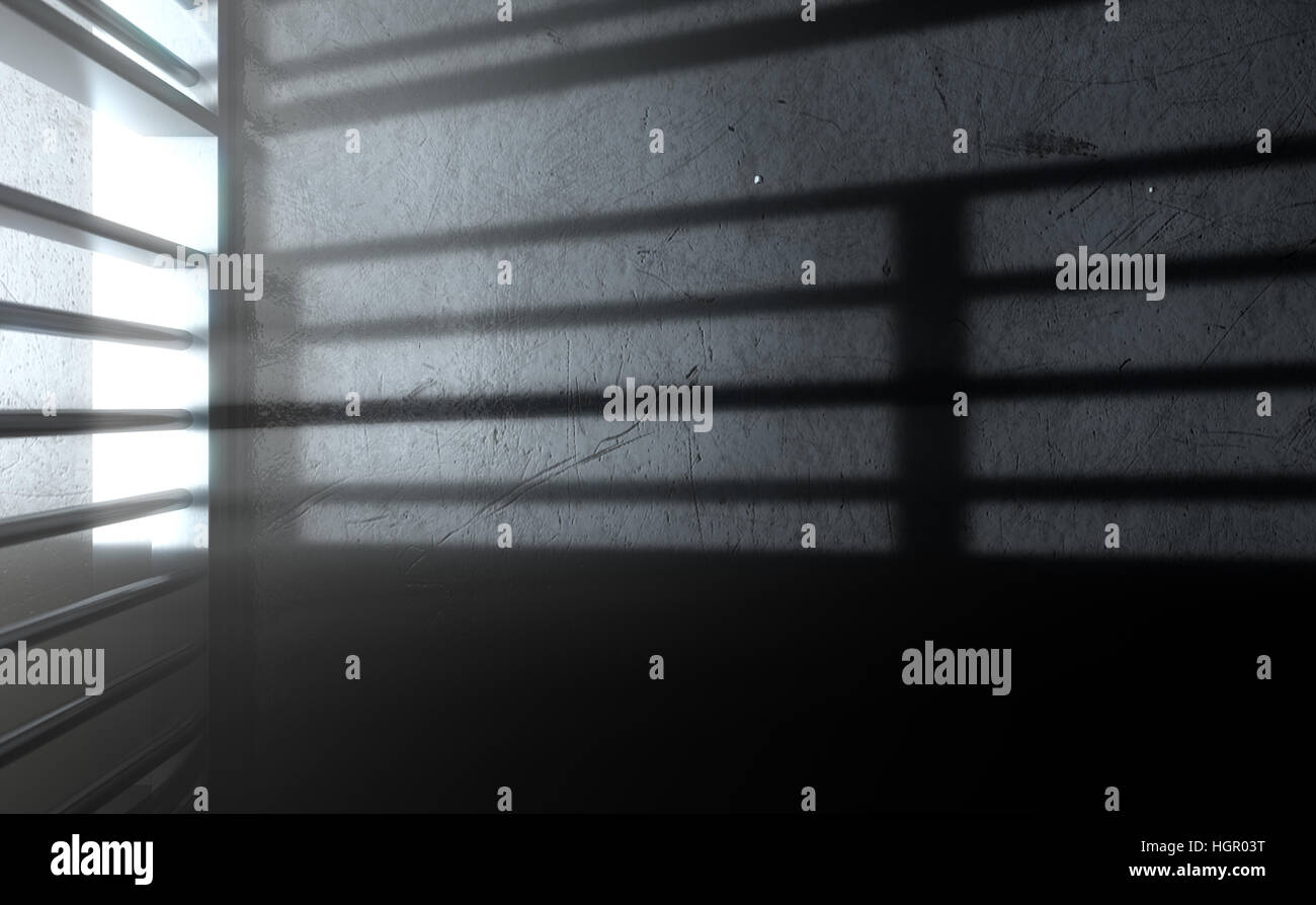 A 3D render of a closeup of view of a jail cells iron bars with an open door casting shadows on ...
