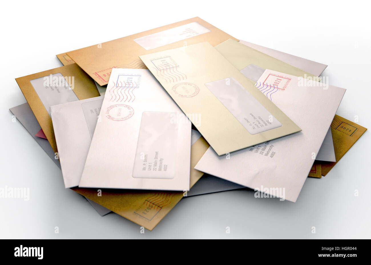 A 3D render of a scattered stack of regular envelopes with delivery ...