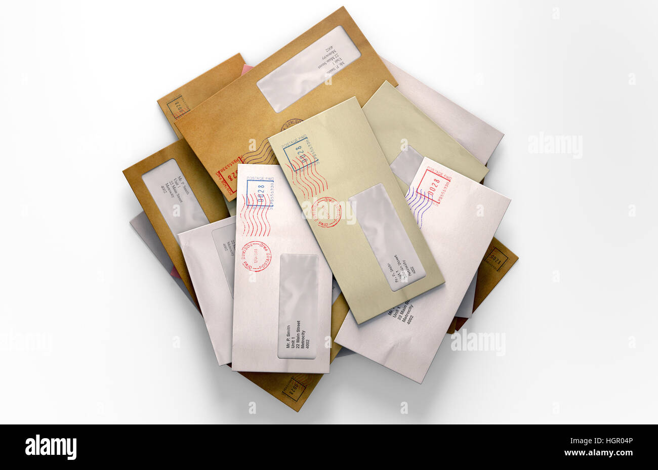 A 3D render of a scattered stack of regular envelopes with delivery ...