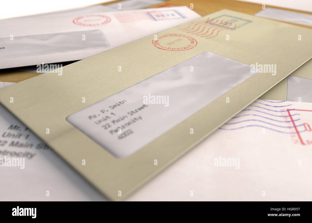 A 3D render of a scattered stack of regular envelopes with delivery ...