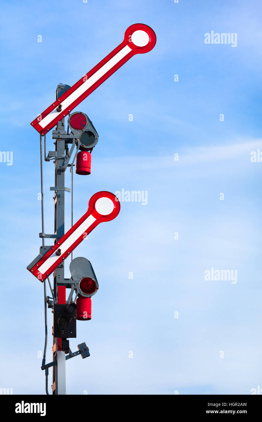Old double railway signal from steam locomotive era in action Stock ...