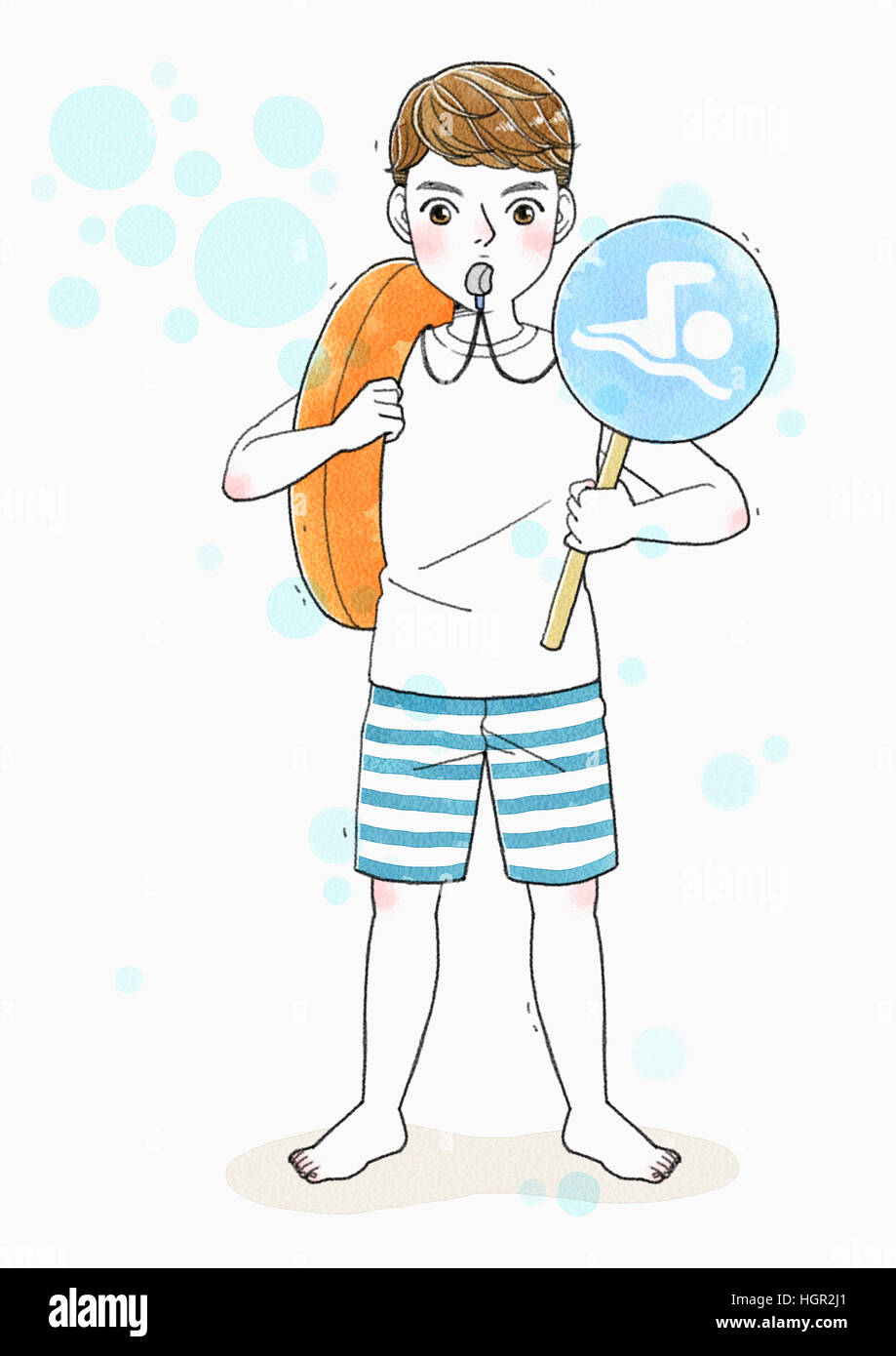 Man standing with tube, whistle and safety sign Stock Photo - Alamy