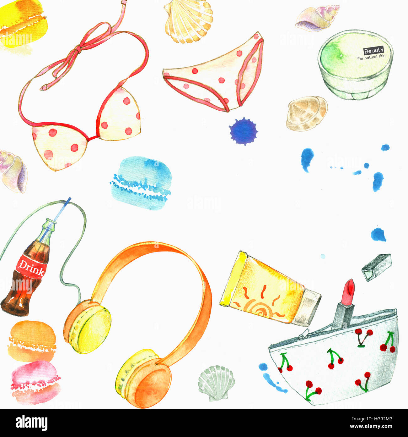 Watercolor objects for summer vacation Stock Photo - Alamy