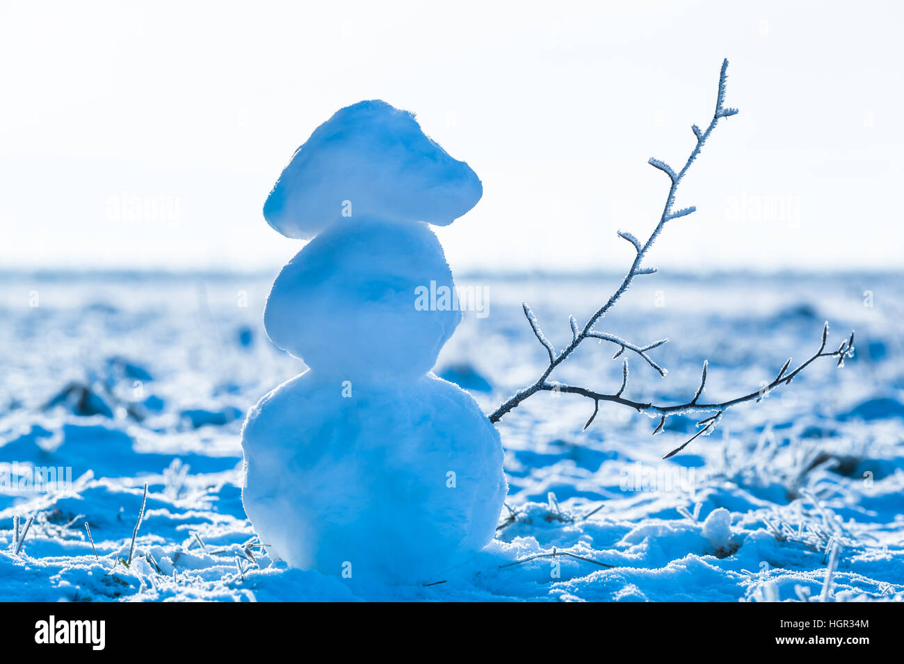 Back of a little snowman with icy twig view against the light and ...