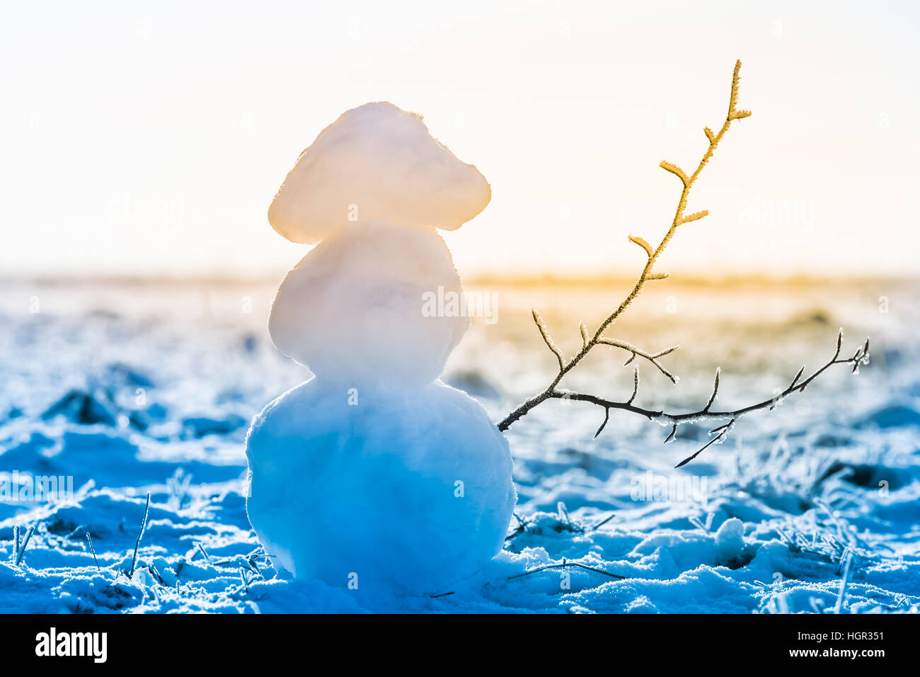 Back of a little snowman with icy branch view against the sunlight ...
