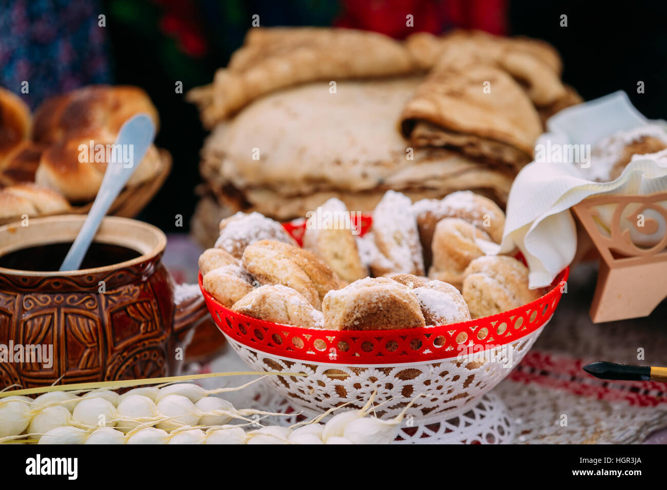 The dishes of the traditional Belarusian cuisine - fresh pastries and ...