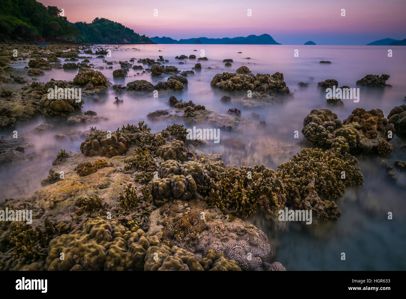coral rock around beach during ebb tide and sunset time wide shot ...