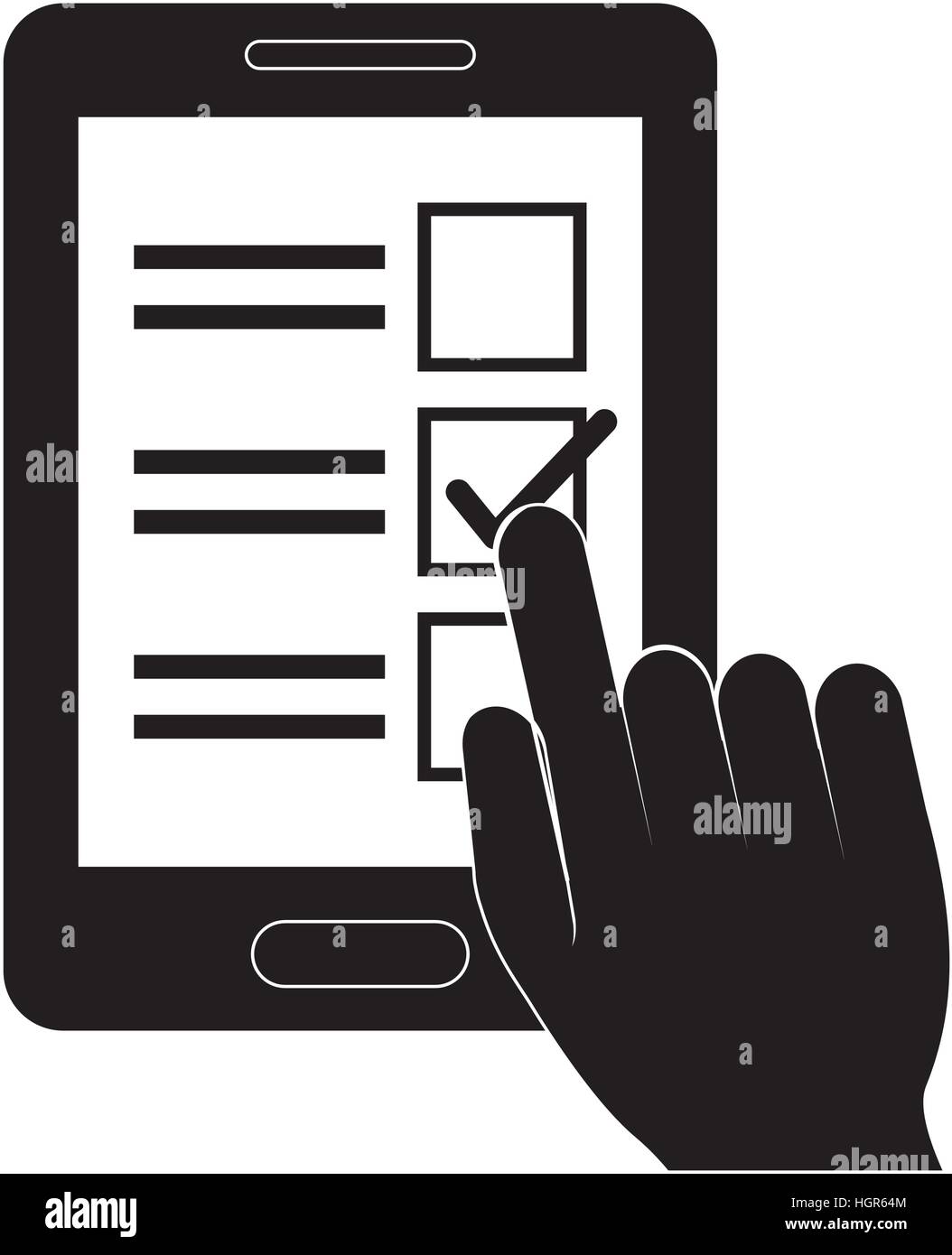 hands holding a tablet with checklist on screen over white background ...