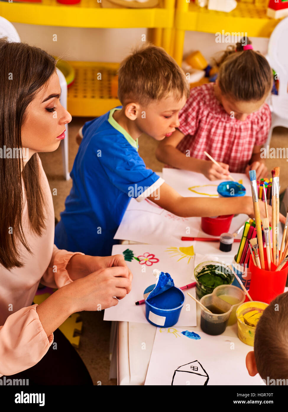 Children painting and drawing. Art lesson in primary school Stock Photo ...