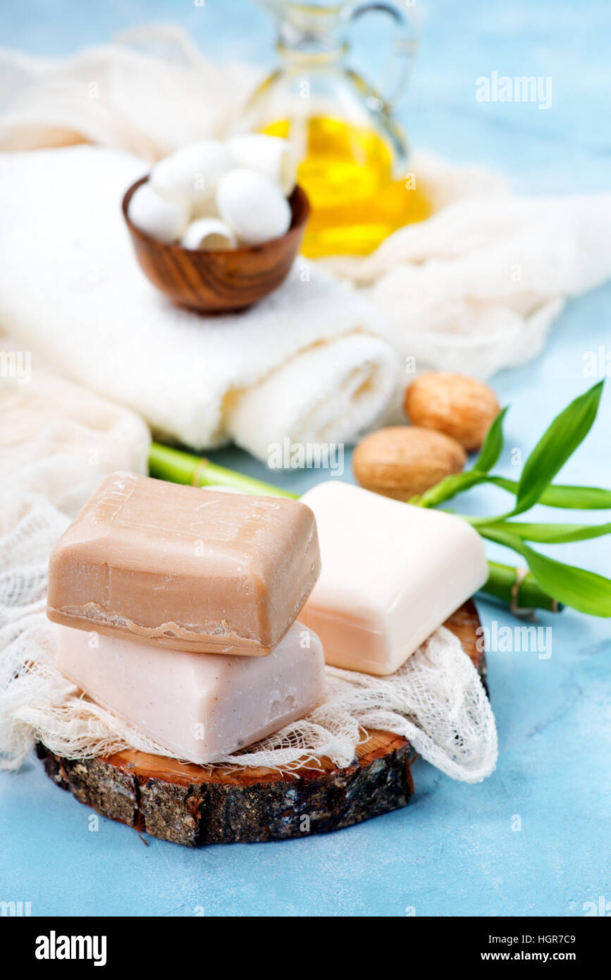 spa objects on a table, soap and salt Stock Photo - Alamy