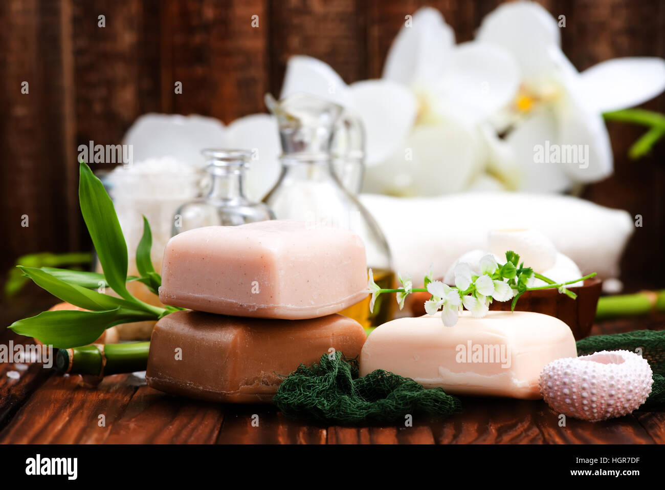 spa objects on the wooden background, SPA Stock Photo - Alamy