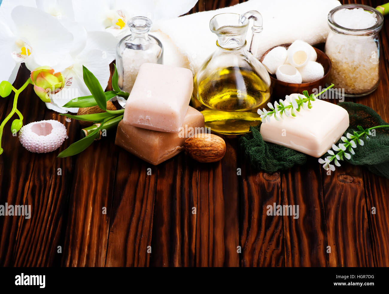 spa objects on the wooden background, SPA Stock Photo - Alamy