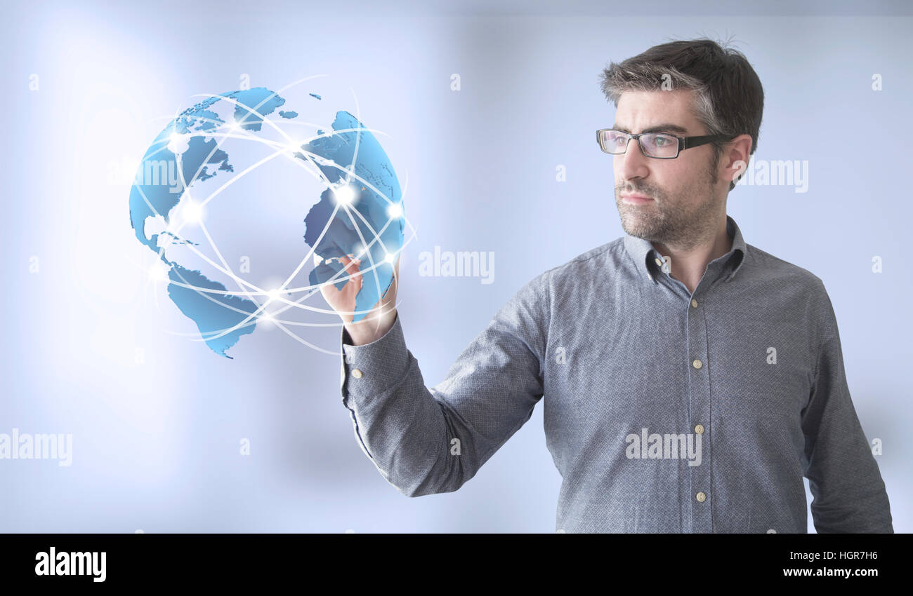 businessman sketching world connection Stock Photo - Alamy