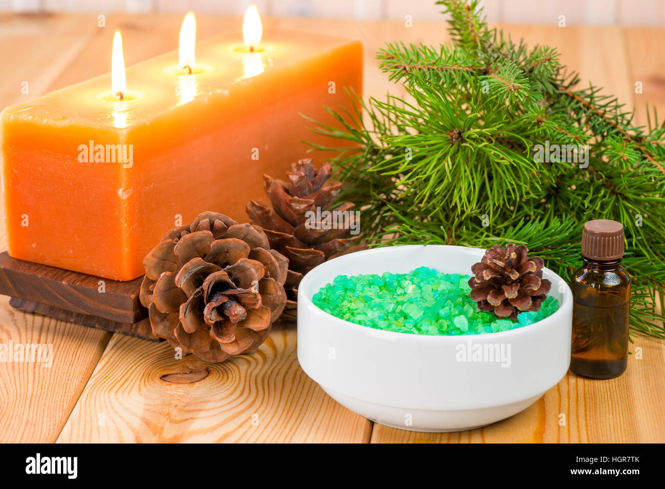 sea salt with natural pine extract and pine cones closeup Stock Photo ...