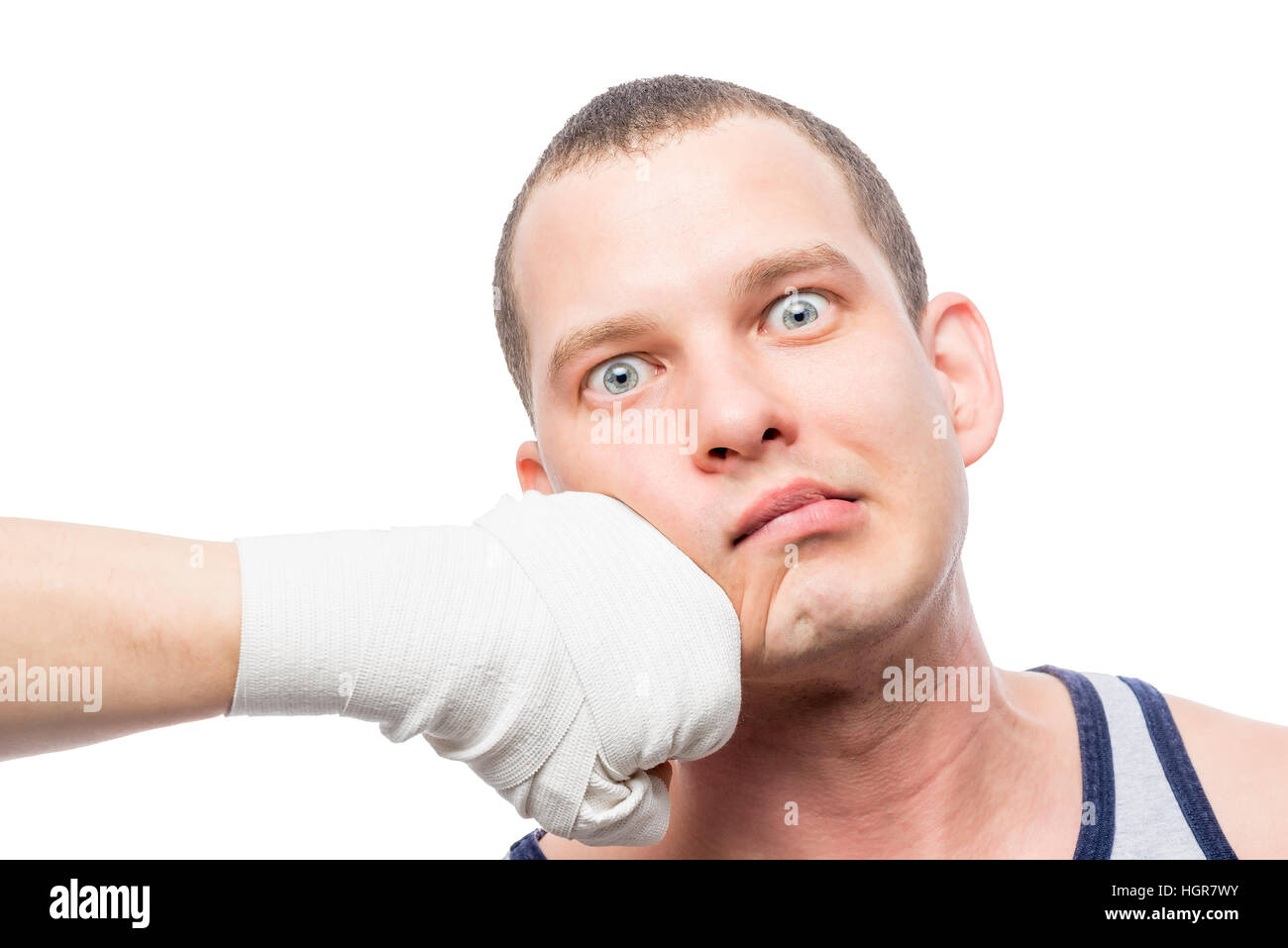 Boxer fist and opponent's face on a white background isolated Stock ...