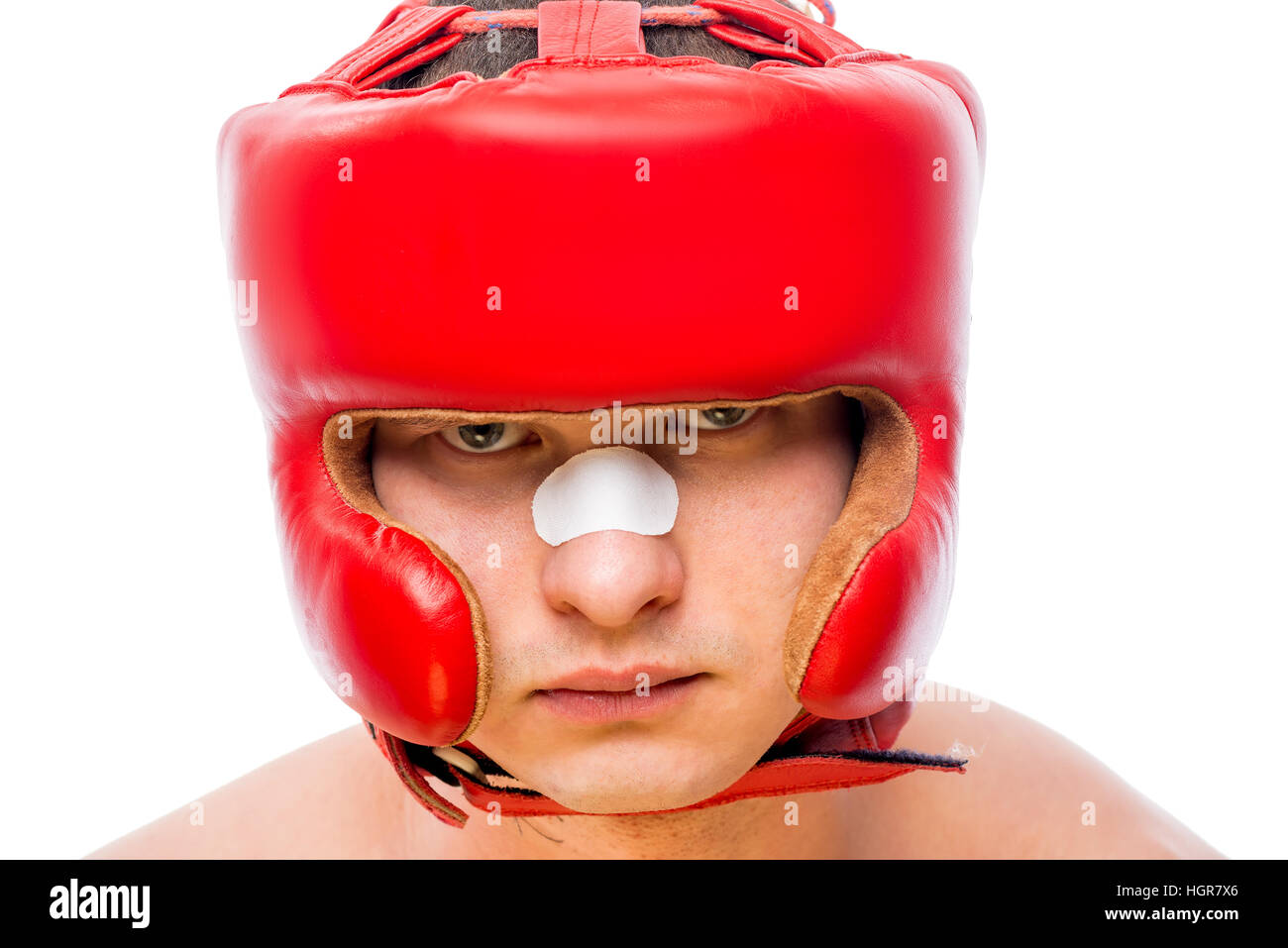 serious boxers face in a red helmet isolated Stock Photo - Alamy
