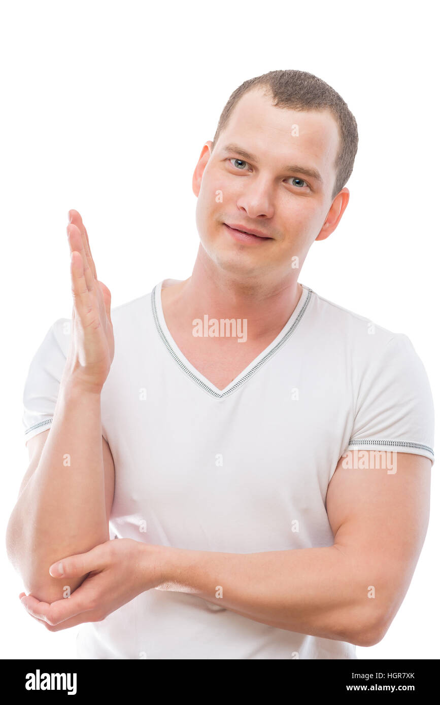 happy man raised his hand up on a white background Stock Photo - Alamy