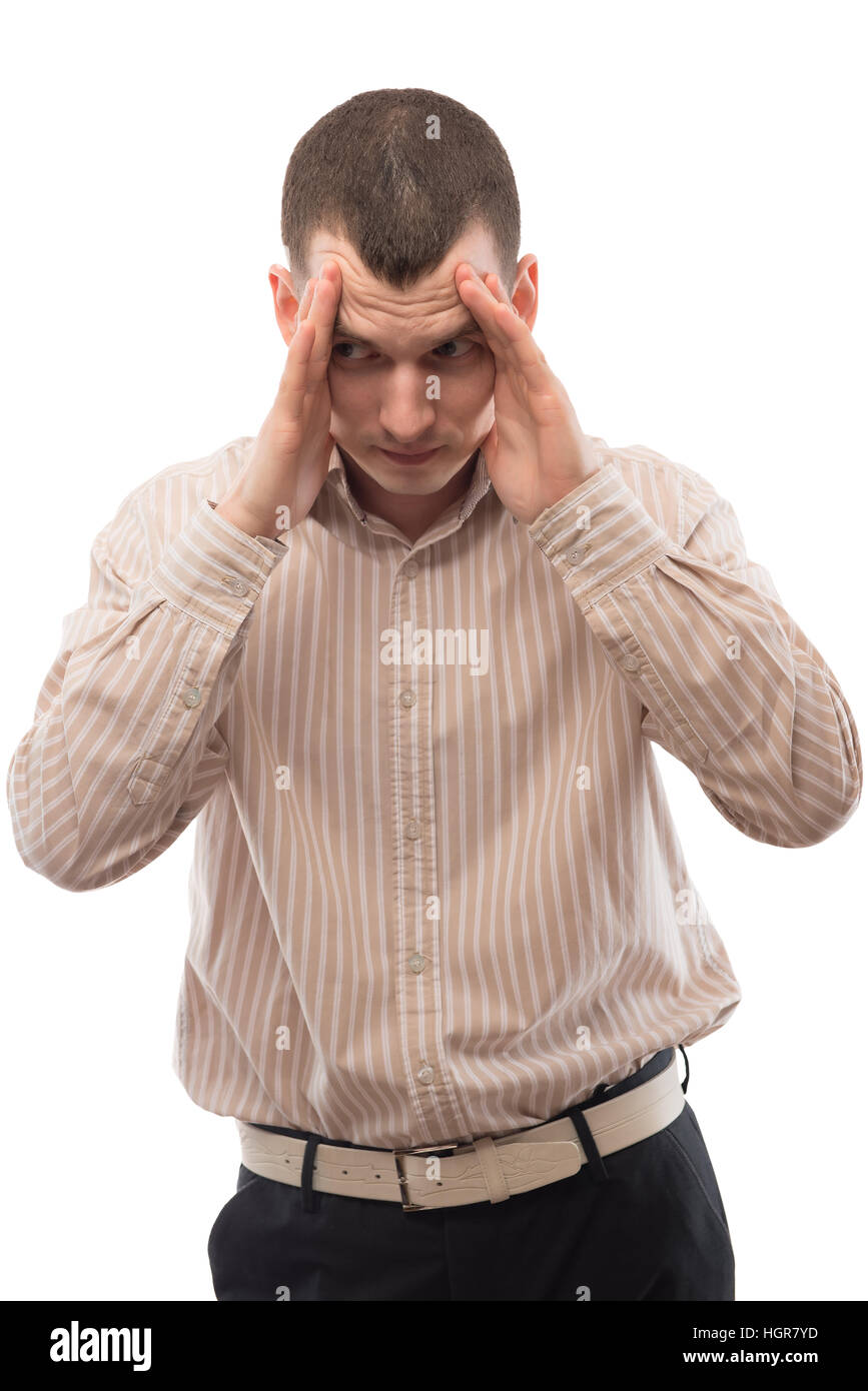 troubled businessman solves problems on a white background Stock Photo ...