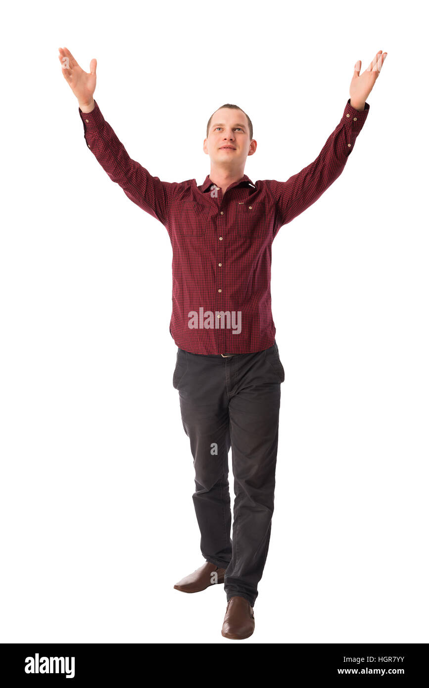 happy man with his hands raised up isolated Stock Photo - Alamy