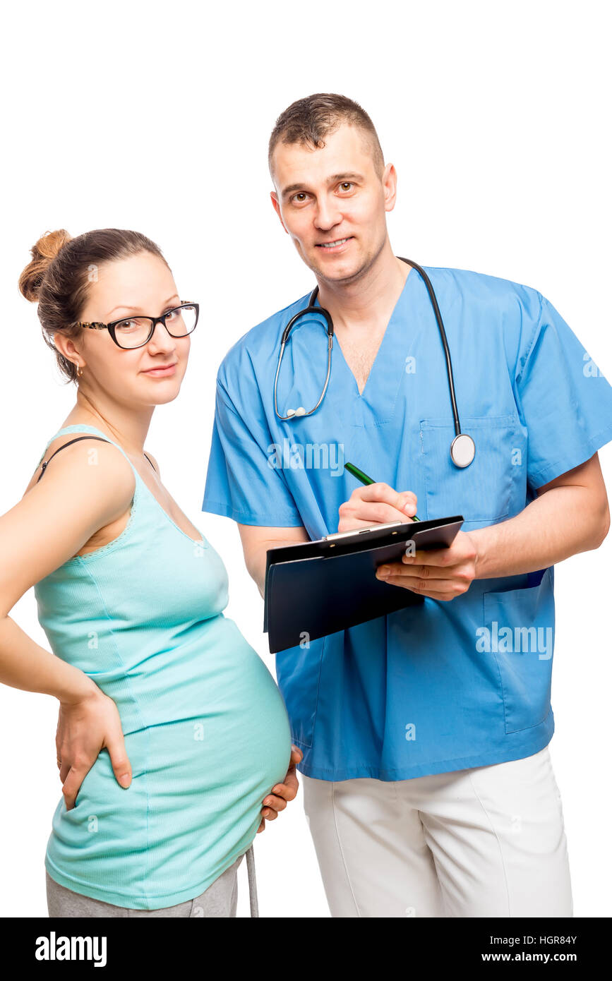 Portrait of a doctor and obstetrician young pregnant mother isolated ...