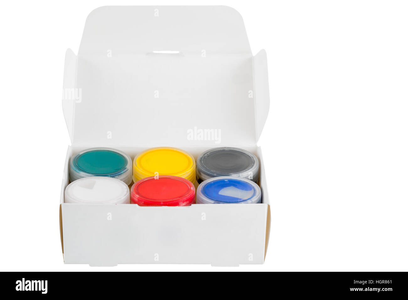 box with 6 colors of gouache colors on a white background isolated ...