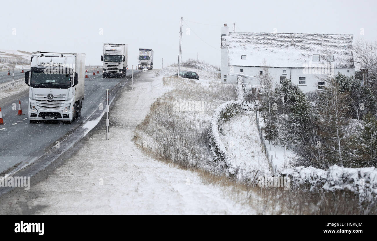 Lorries in the snow on the A66 near Brough, as blizzard conditions are ...