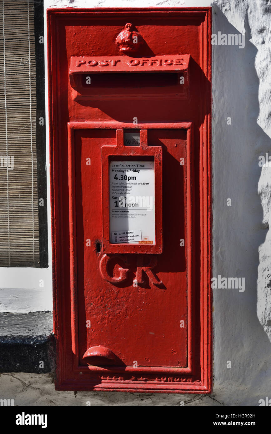 Red GR post box, mounted in wall, Main street, Dent village, Cumbria ...