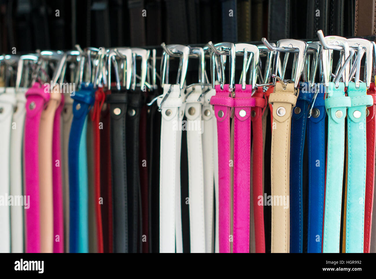 Leather woman belts collection in the store Stock Photo - Alamy
