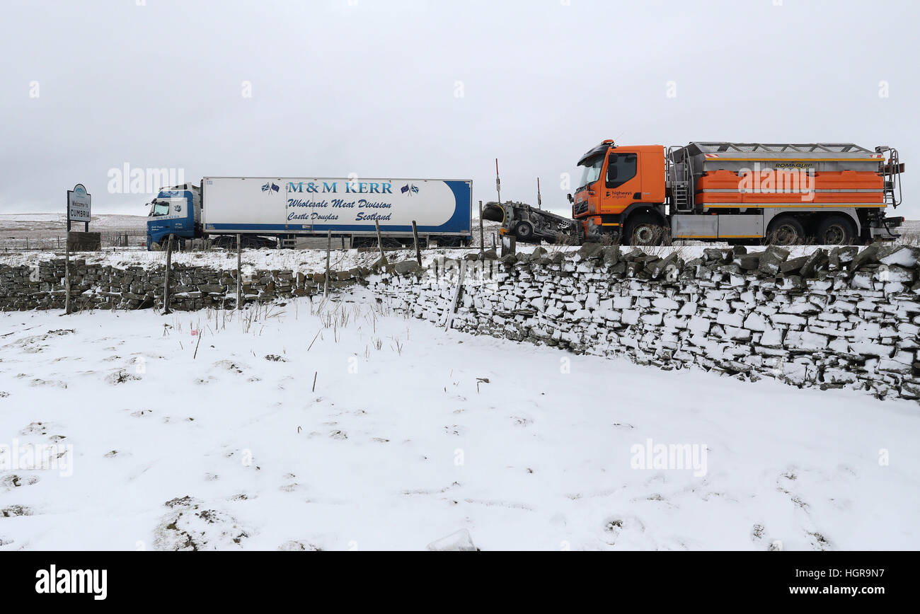 Snow on the a66 on the cumbria and durham border hi-res stock ...