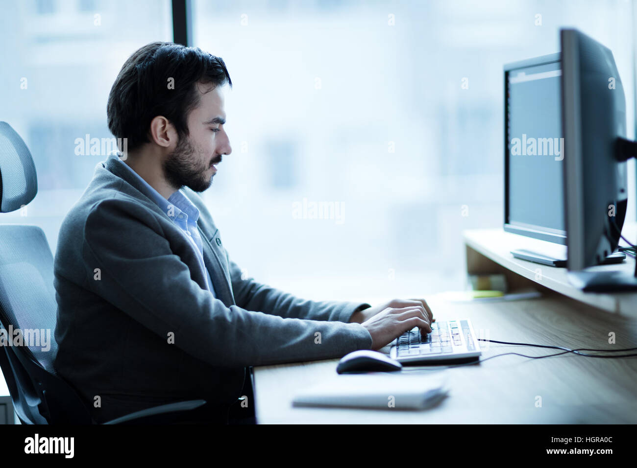 Professional software developer working in office at desk Stock Photo ...