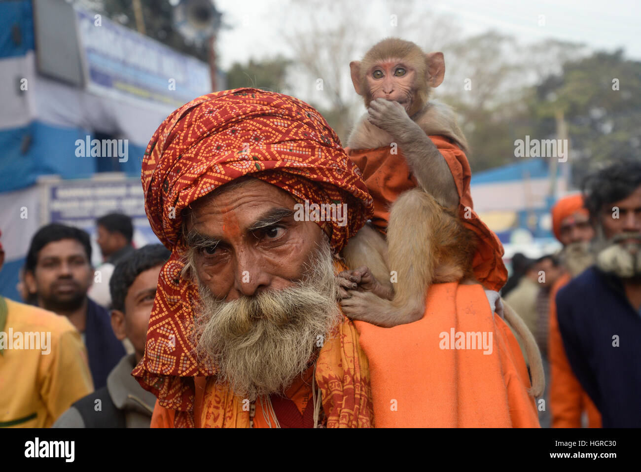Kolkata, India. 12th Jan, 2017. Bandar or Monkey Baba a sadhu or Hindu ...
