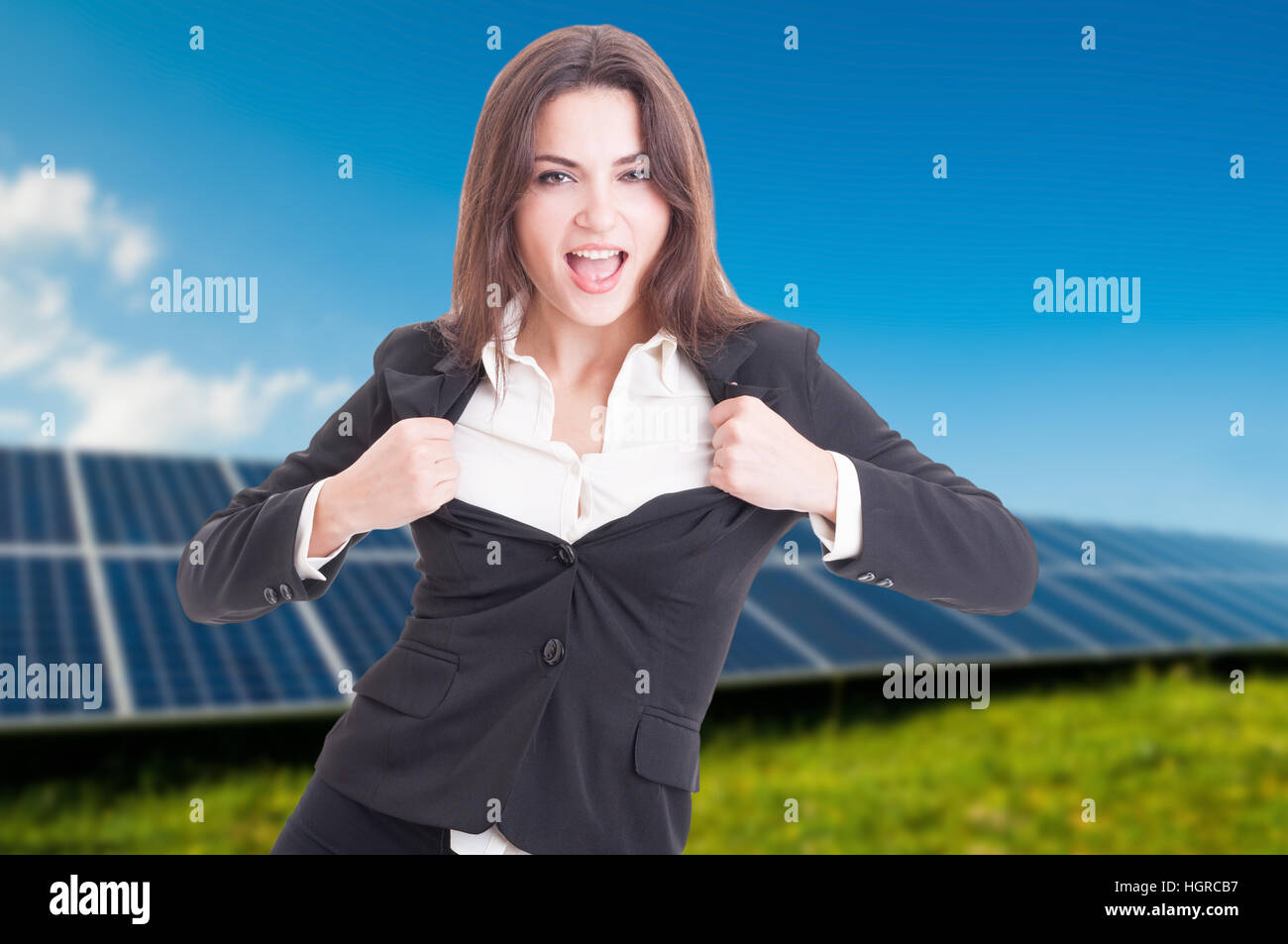 Attractive female at solar power station ripping her shirt acting like ...