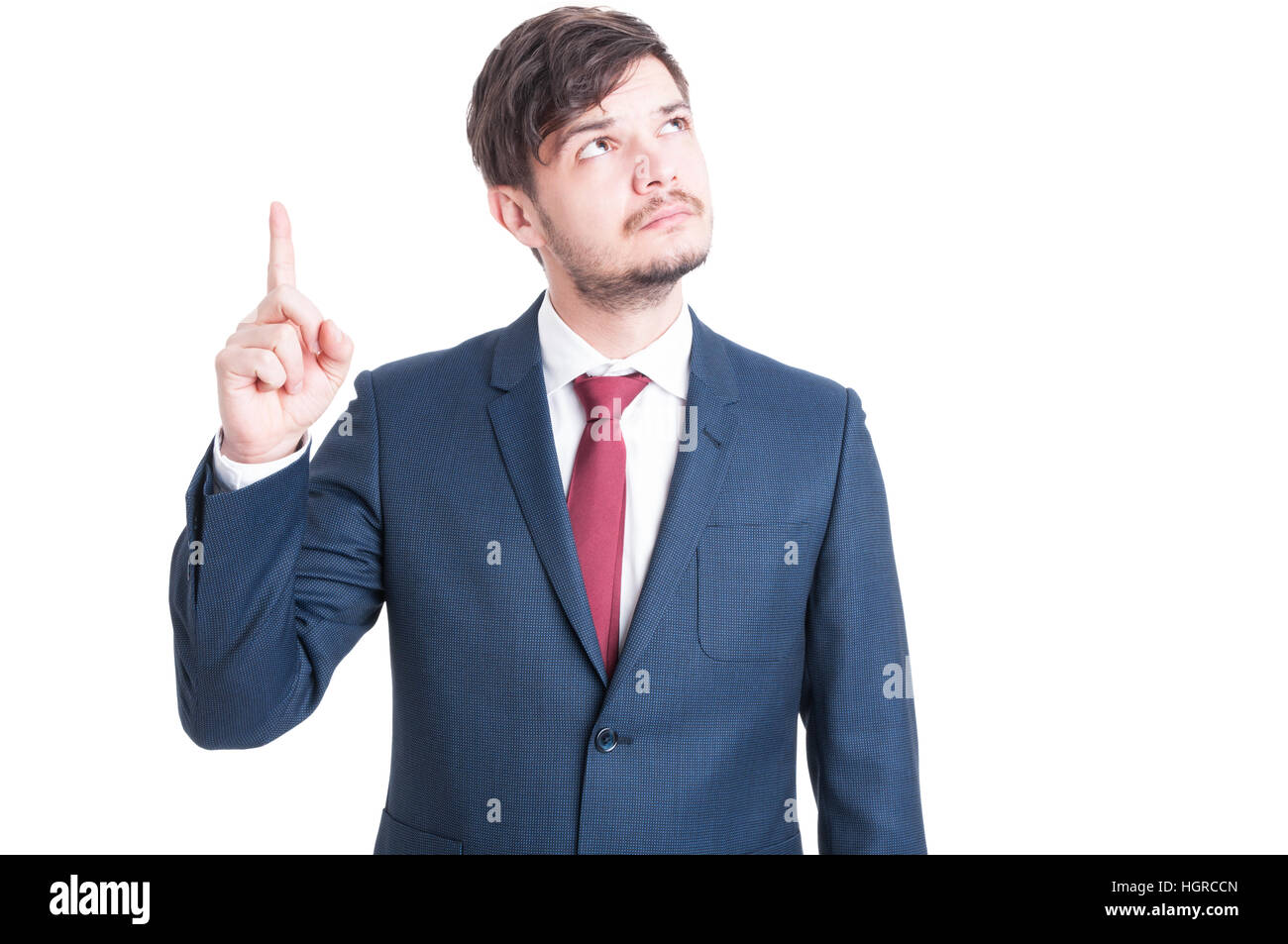 Marketing man showing idea gesture or looking up isolated on white ...