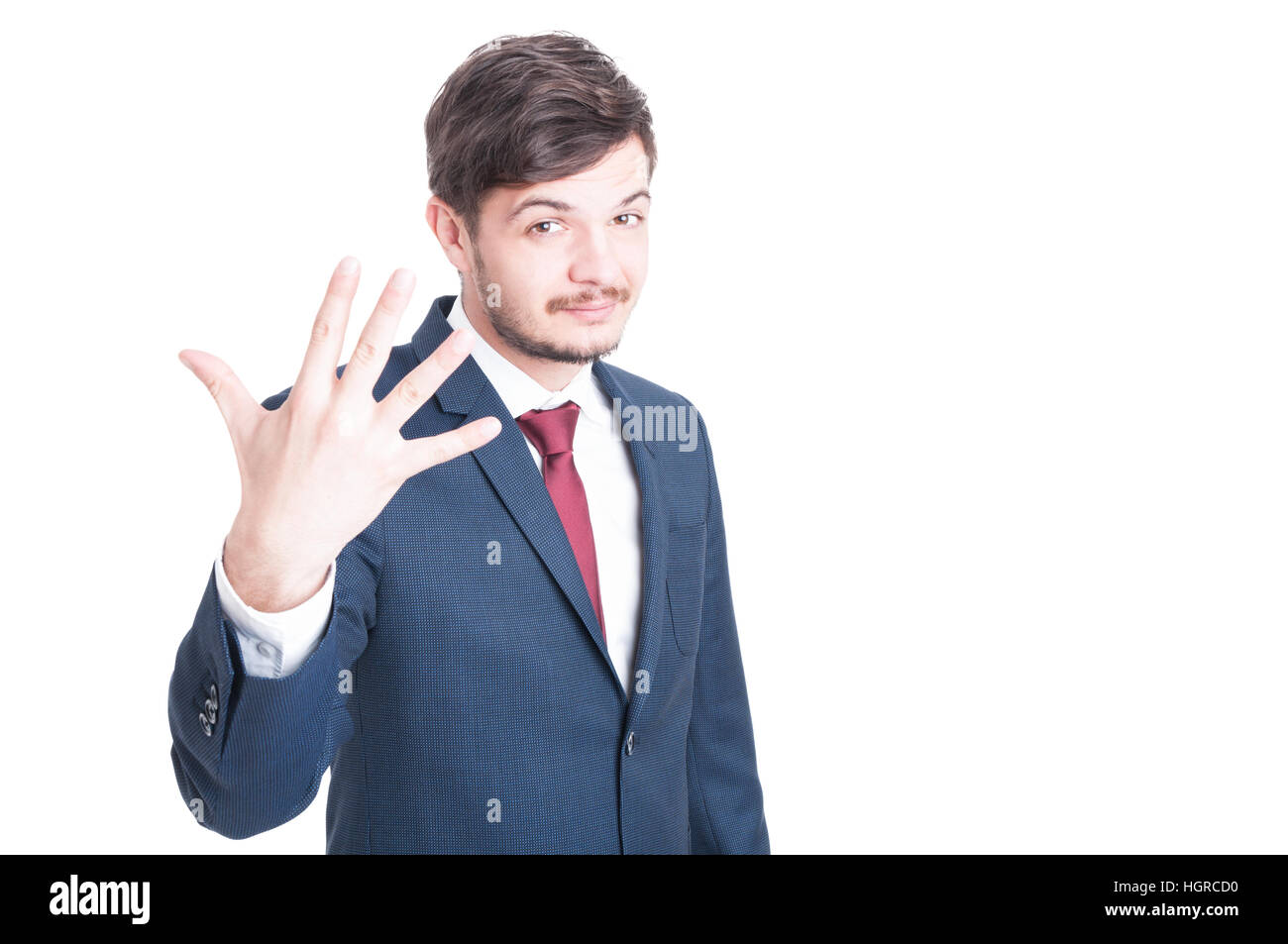 Marketing man showing number five with one hand and smiling isolated on ...