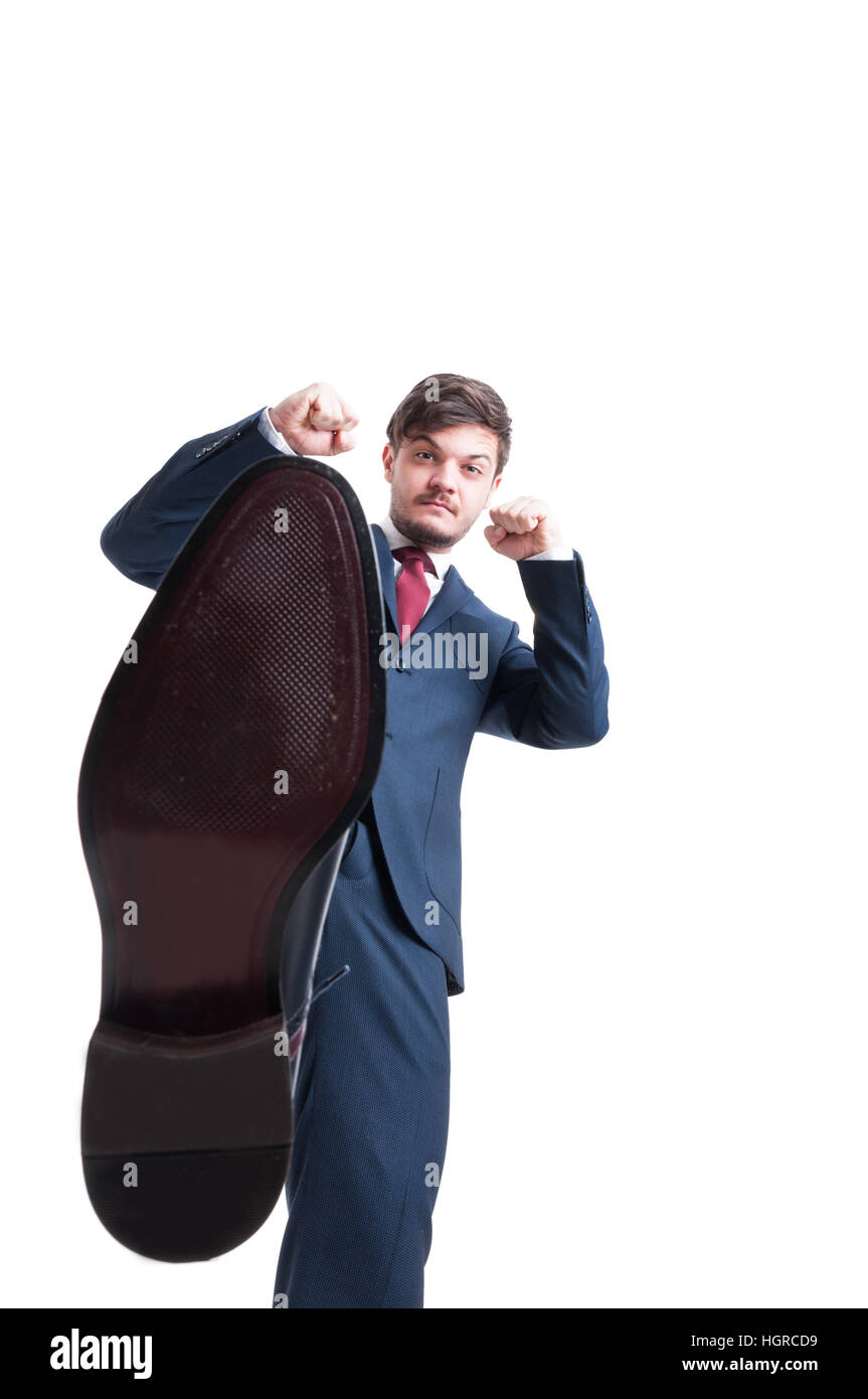 Low angle shoe of business man looking angry and showing fists isolated ...