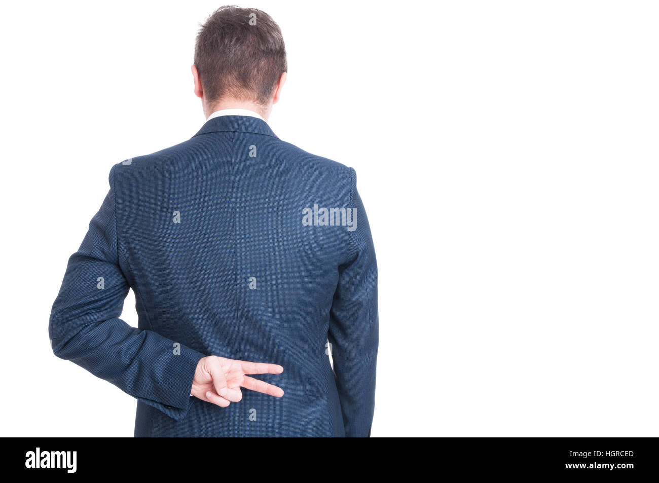Back view of business man showing peace gesture on behind isolated on ...