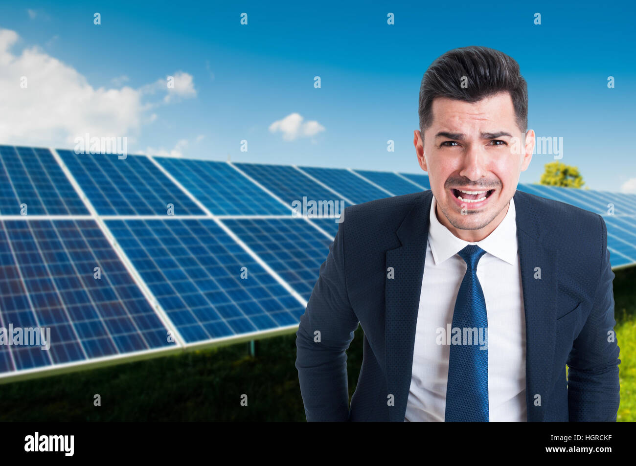Angry male in solar power station arguing with someone with advertising ...