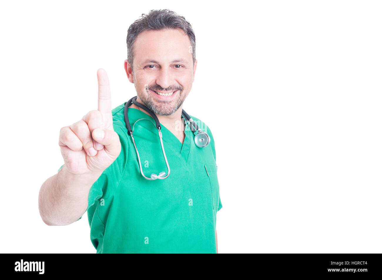 Handsome male doctor pointing finger up or showing number one isolated ...