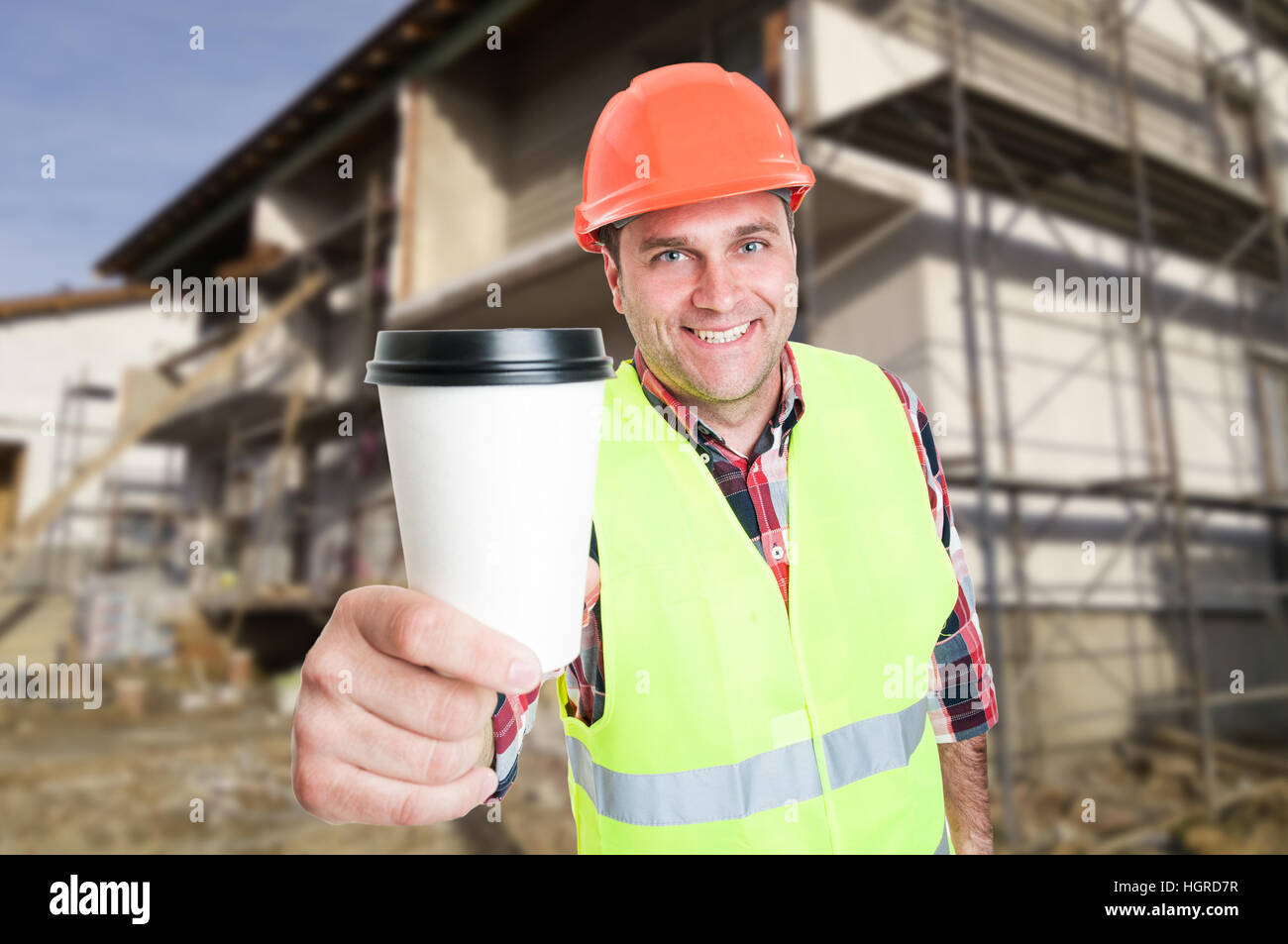 Work break concept with happy constructor and coffee cup with text area ...