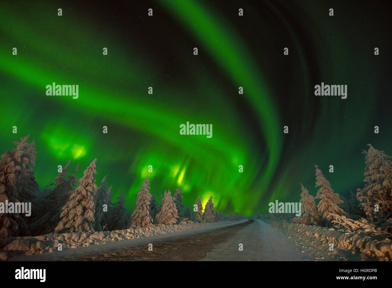 Northern Lights - Aurora borealis over snow-covered forest. Landscape ...