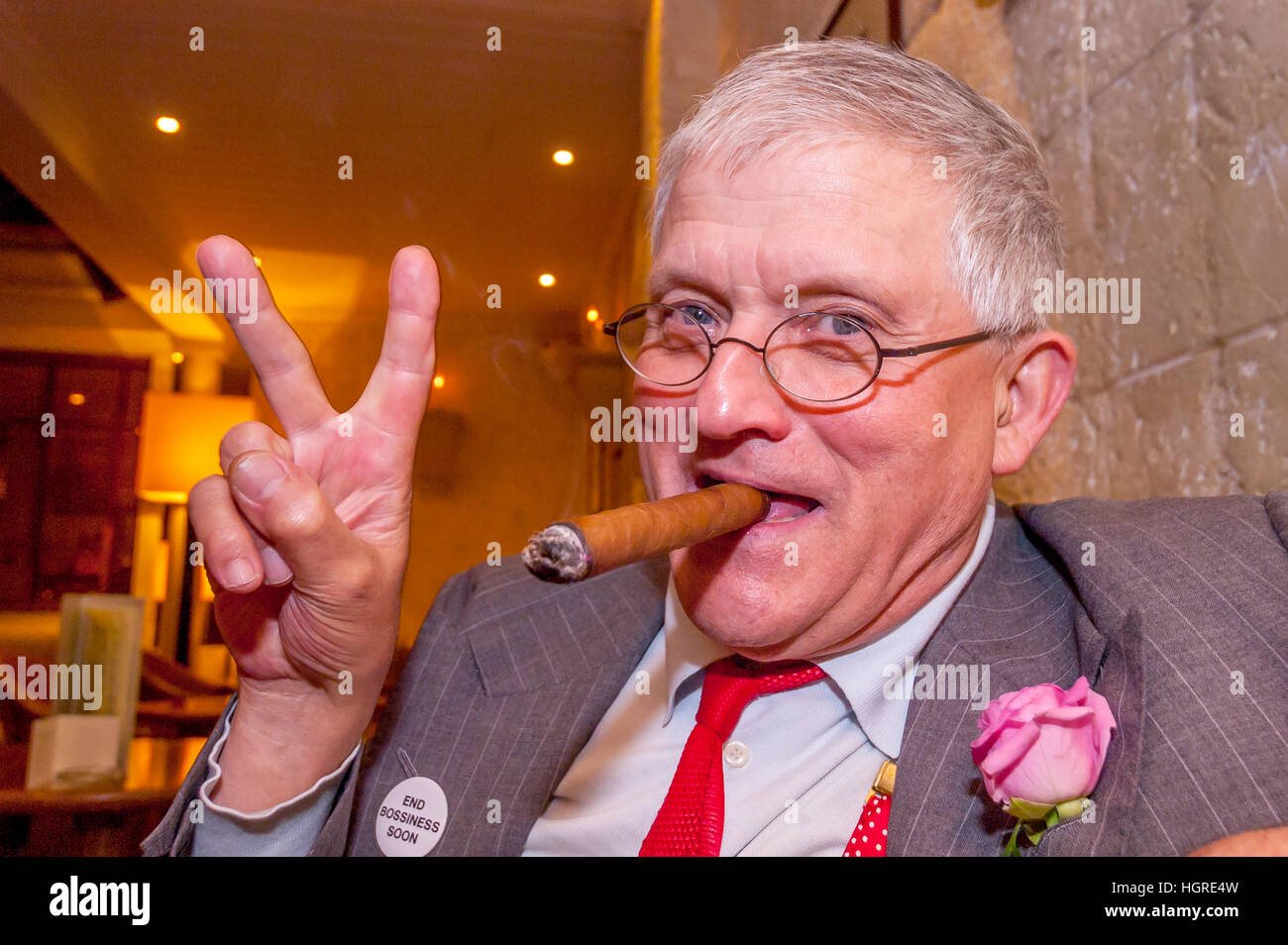 Artist David Hockney smoking a cigar, in a Brighton restaurant, during ...