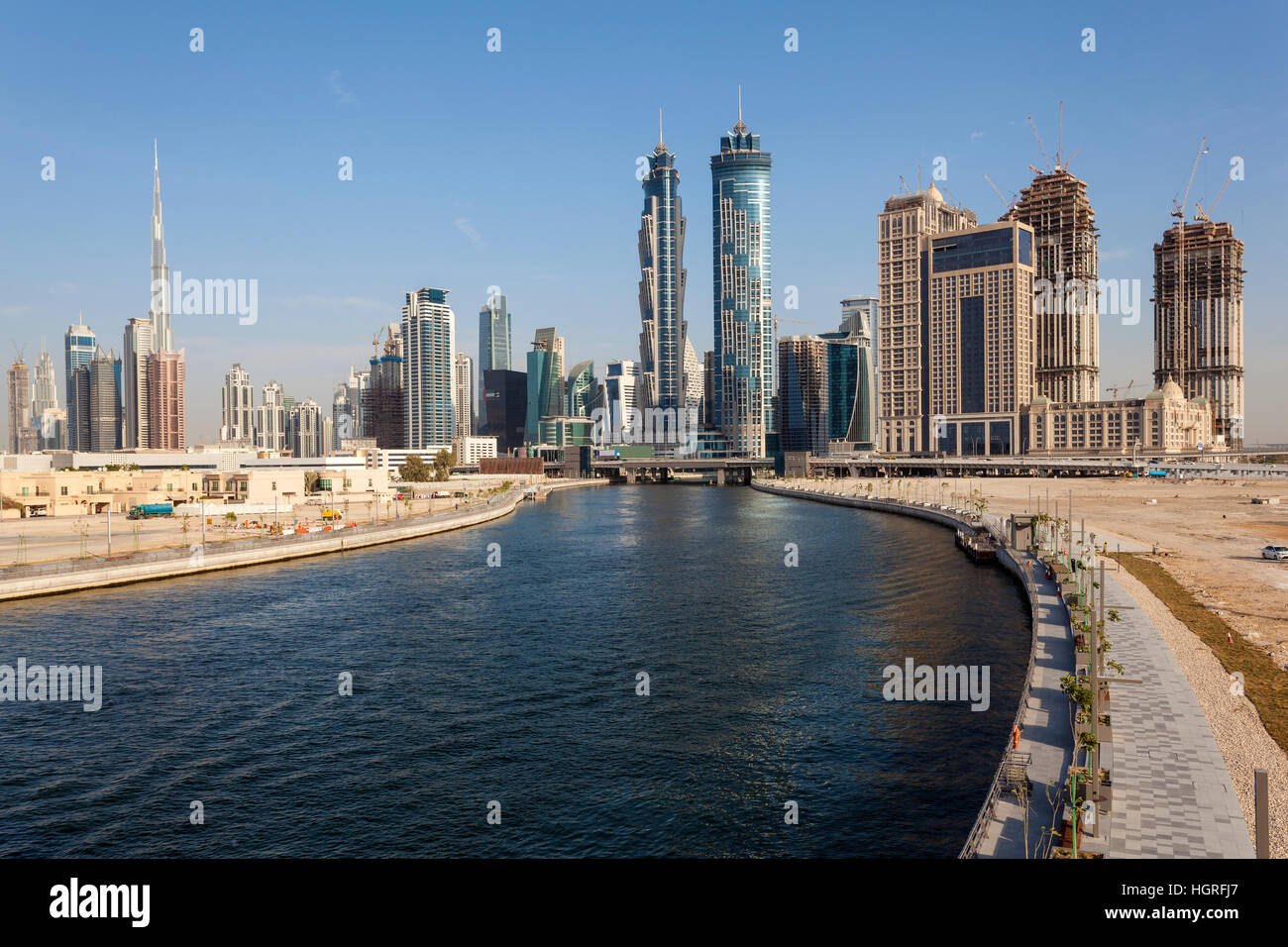Skyline of Dubai city from the new Water Canal. United Arab Emirates ...