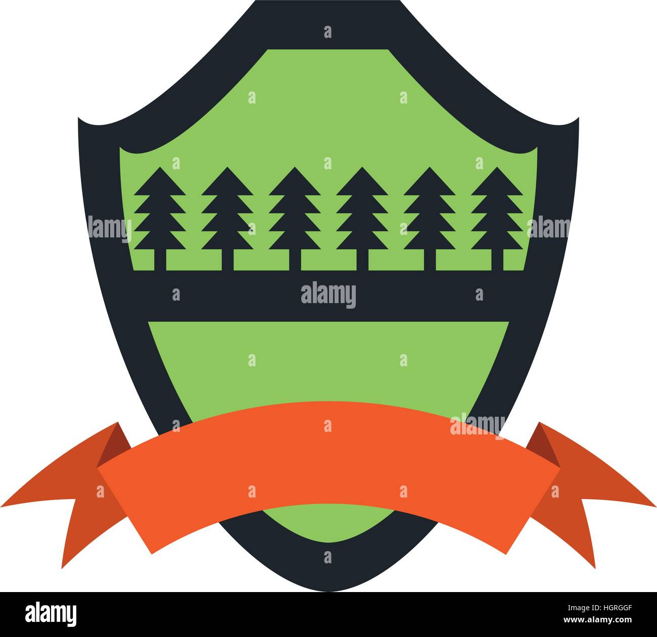 shield protection forest pine orange ribbon green background vector ...