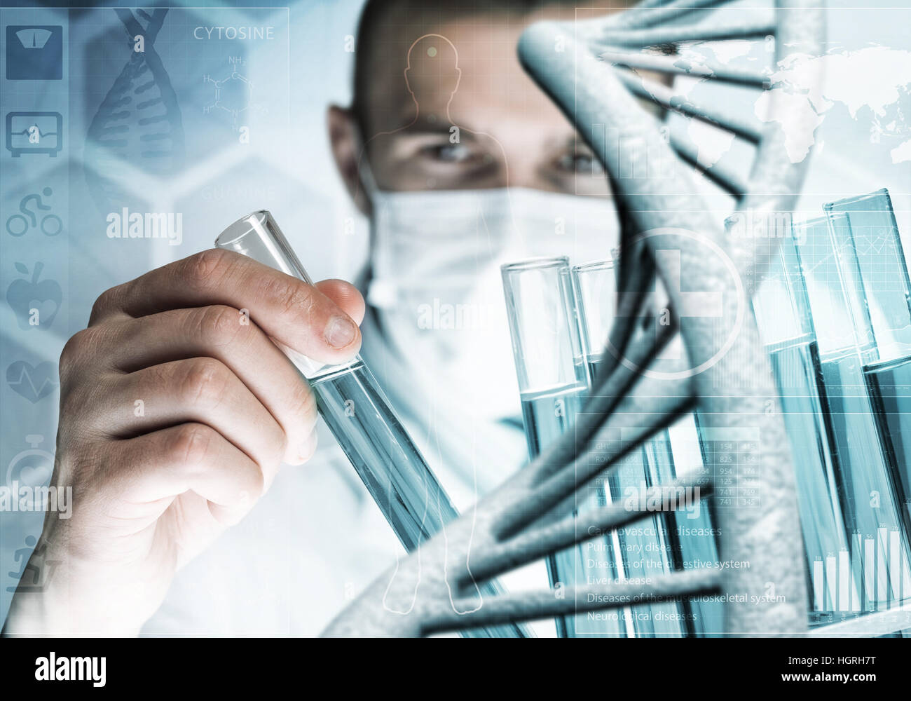 Young scientist mixing reagents in glass flask in clinical laboratory ...