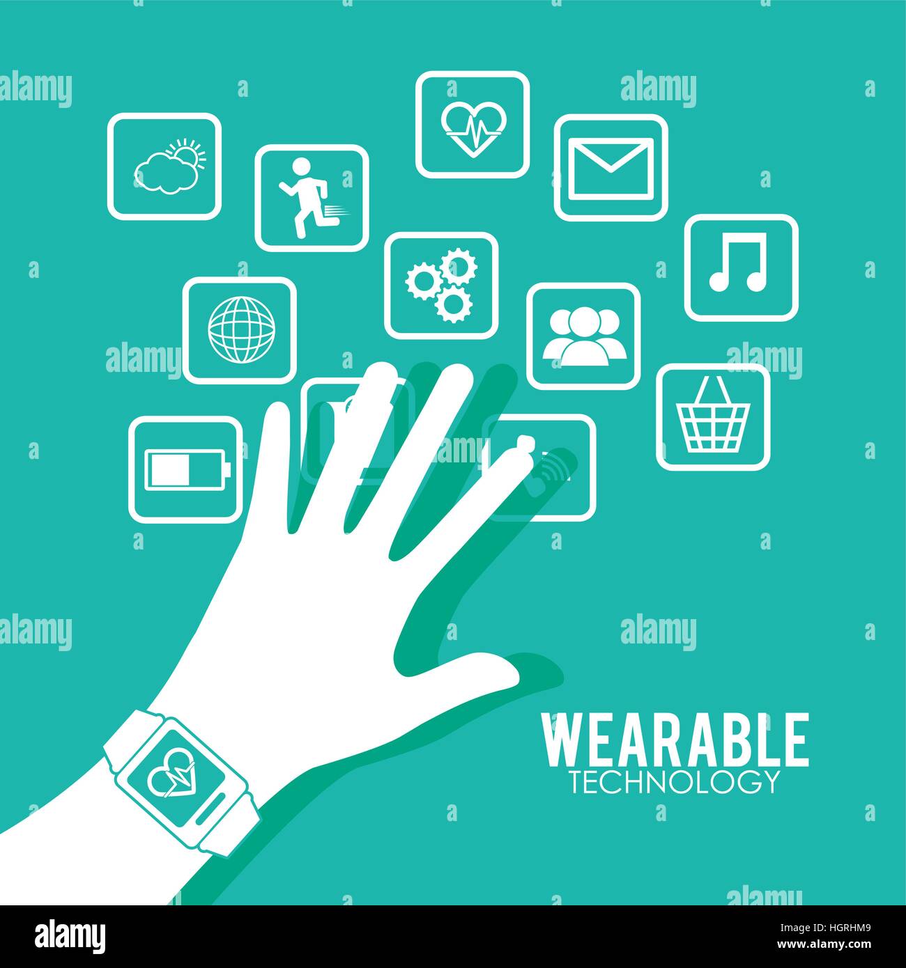 hand wearing smart watch wearable technology health green background ...