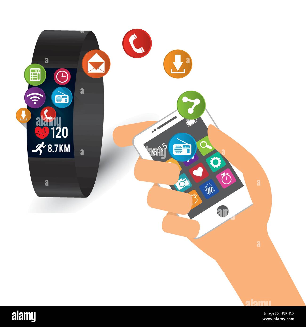 hand hold smartphone smart watch sharing tech device vector ...
