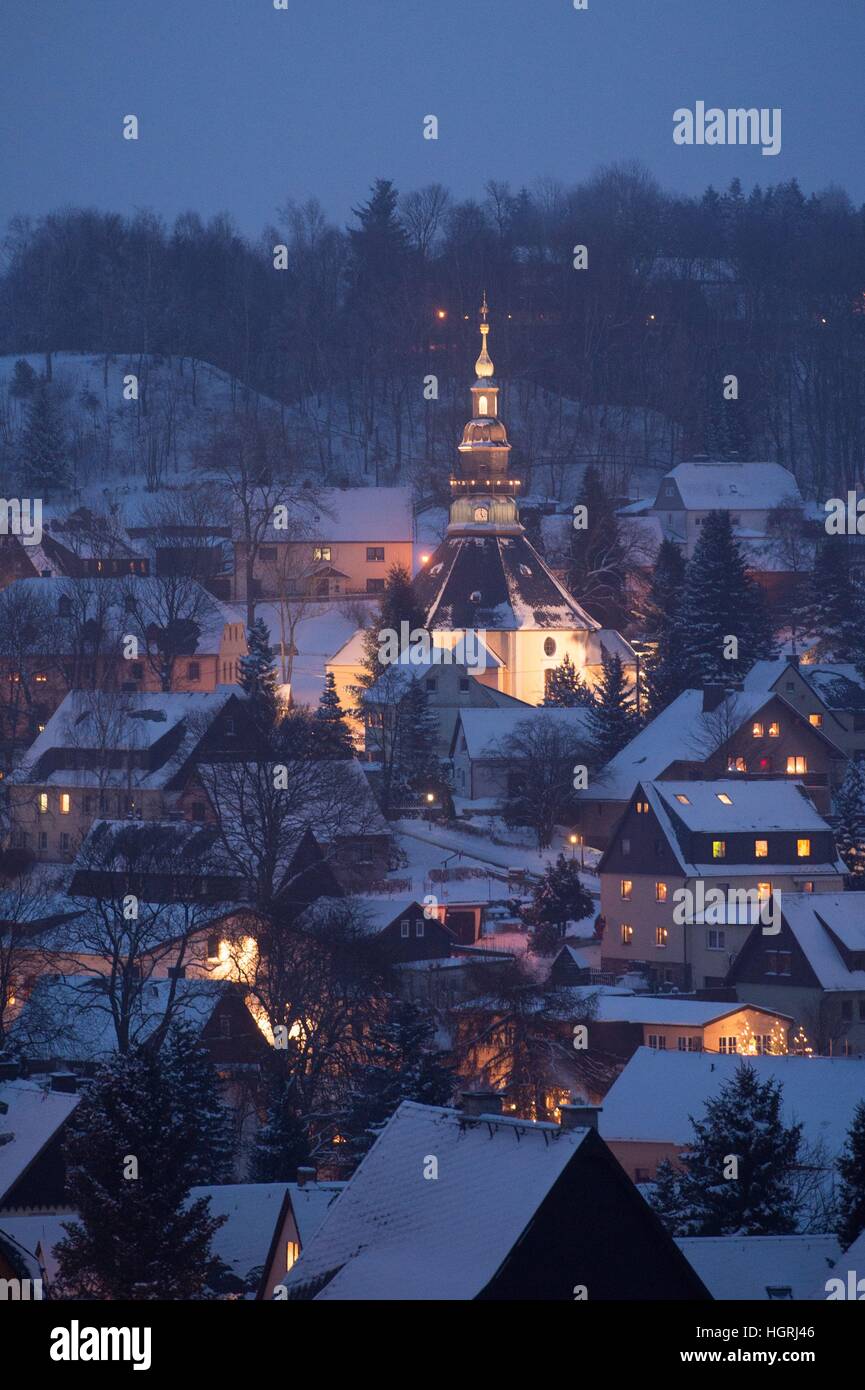 Seiffen, Germany. 10th Jan, 2017. The mountain church is brightly ...