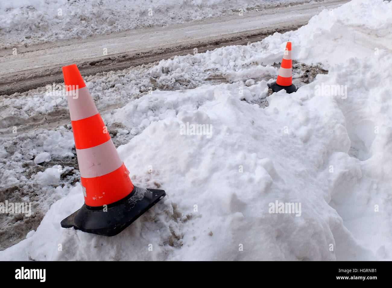 Bucharest, Romania. 12th Jan, 2017. Bright orange traffic cones ...
