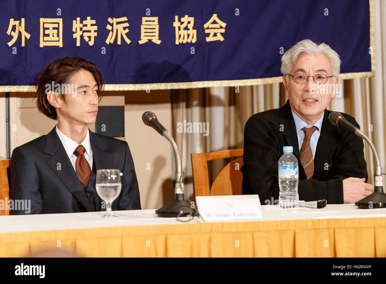 (L to R) Yosuke Kubozuka and Issey Ogata, cast of the film SILENCE (Chinmoku) speak during a ...